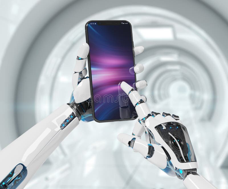White Robot Hand Holding Smartphone Mockup 3d Rendering Stock ...