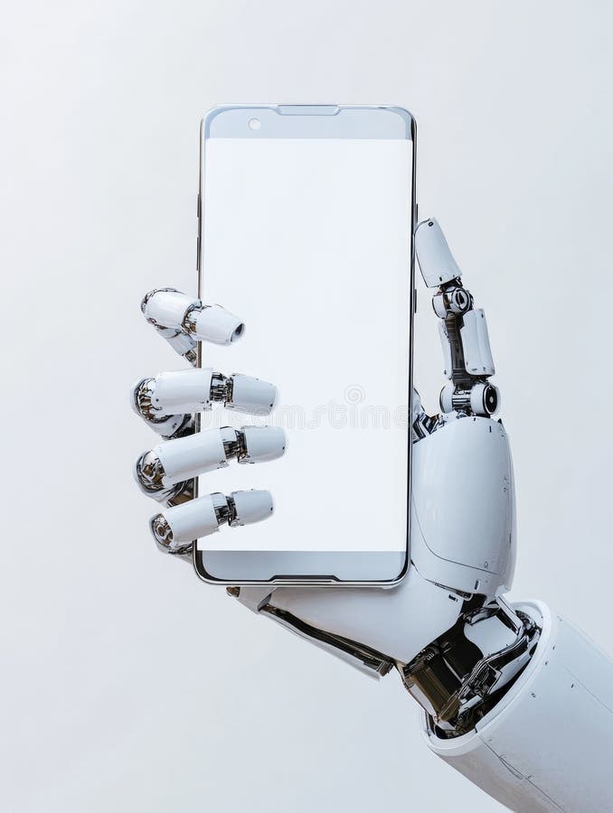 White Robot Hand with Smartphone Stock Photo - Image of automation ...