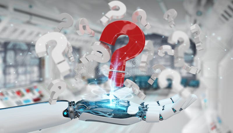 White Robot Hand Using Digital Question Marks 3D Rendering Stock ...