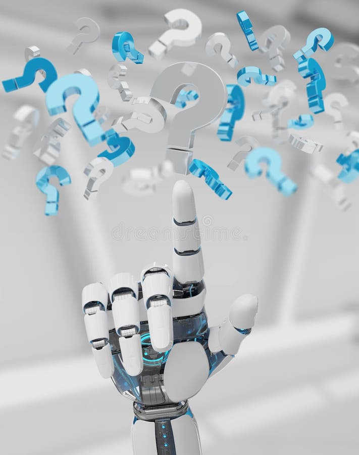 White Robot Hand Using Digital Question Marks 3D Rendering Stock ...
