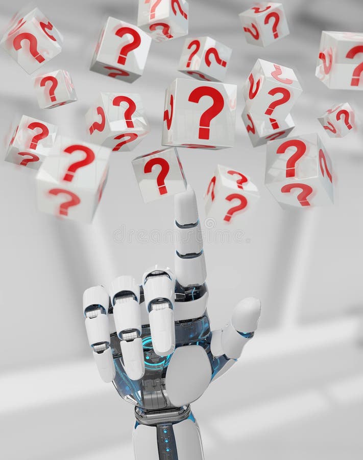 White Robot Hand Using Digital Question Marks 3D Rendering Stock ...