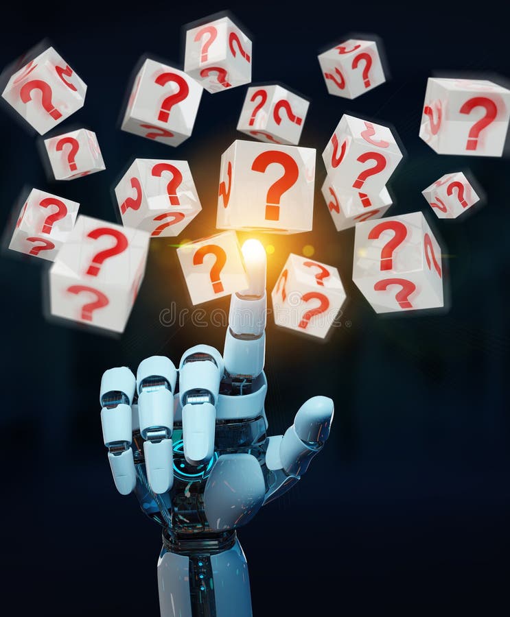 White Robot Hand Using Digital Question Marks 3D Rendering Stock ...