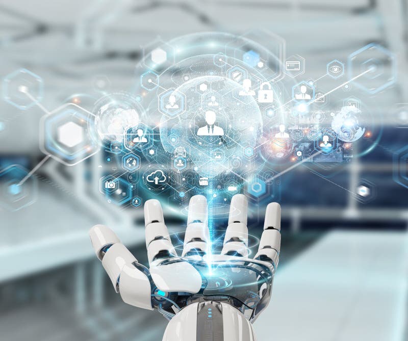 White Robot Hand Using Digital Screen Interface 3D Rendering Stock ...