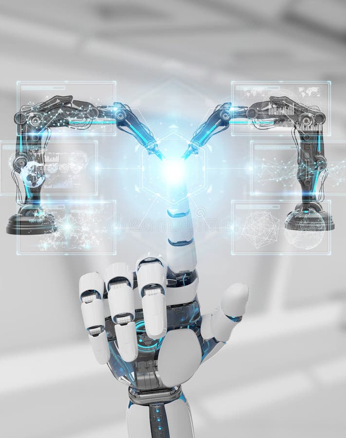 White Robot Hand Using Robotics Arms with Digital Screen 3D Rend Stock ...
