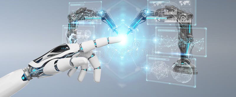 White Robot Hand Using Robotics Arms with Digital Screen 3D Rend Stock ...