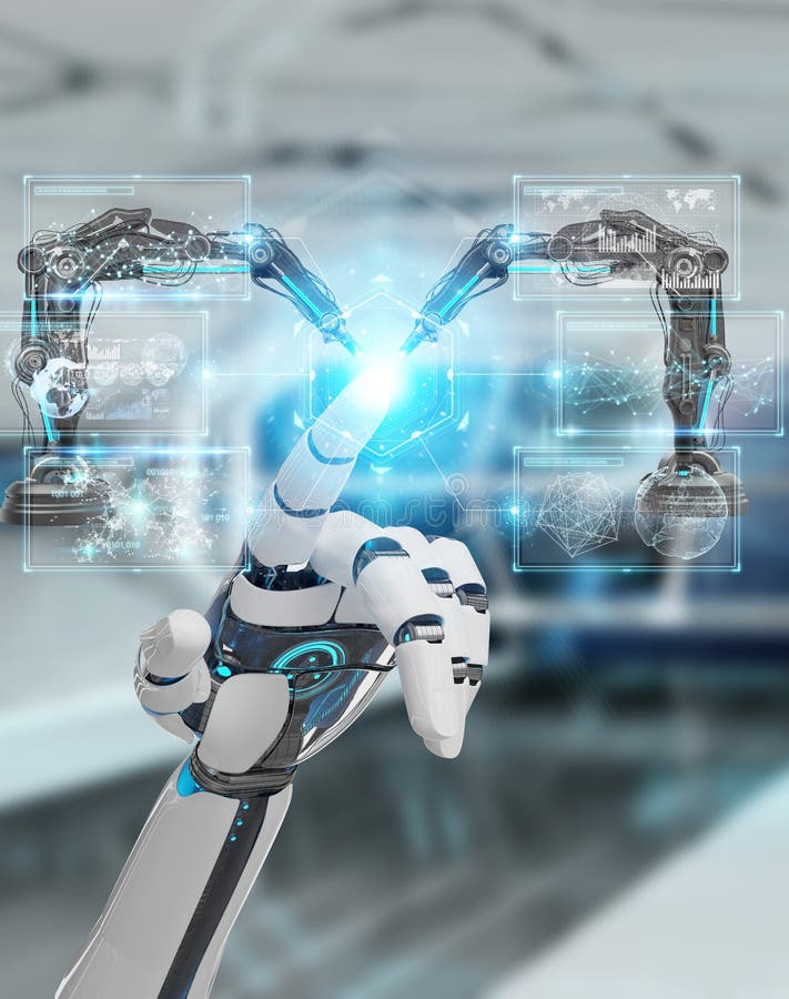 White Robot Hand Using Robotics Arms with Digital Screen 3D Rend Stock ...