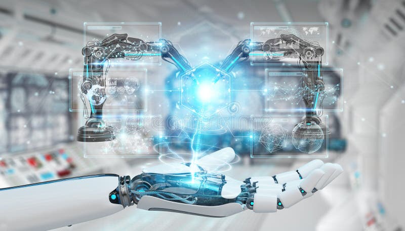White Robot Hand Using Robotics Arms with Digital Screen 3D Rend Stock ...