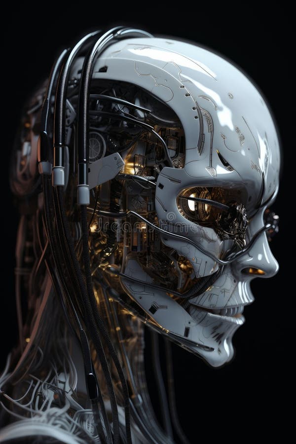 A White Robot Head, with Cables Connected, Holograms, Chromatic Design ...