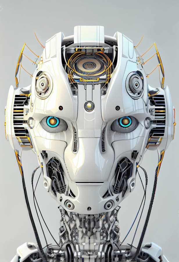 A White Robot Head, with Cables Connected, Holograms, Chromatic Design ...