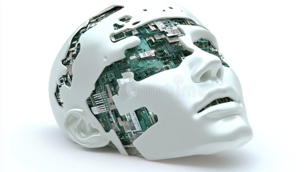 A White Robot Head Featuring an Intricate Circuit Board, Showcasing ...