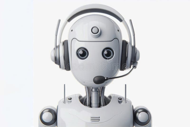 White Robot in Headphones with a Microphone Call Center Worker Isolated ...