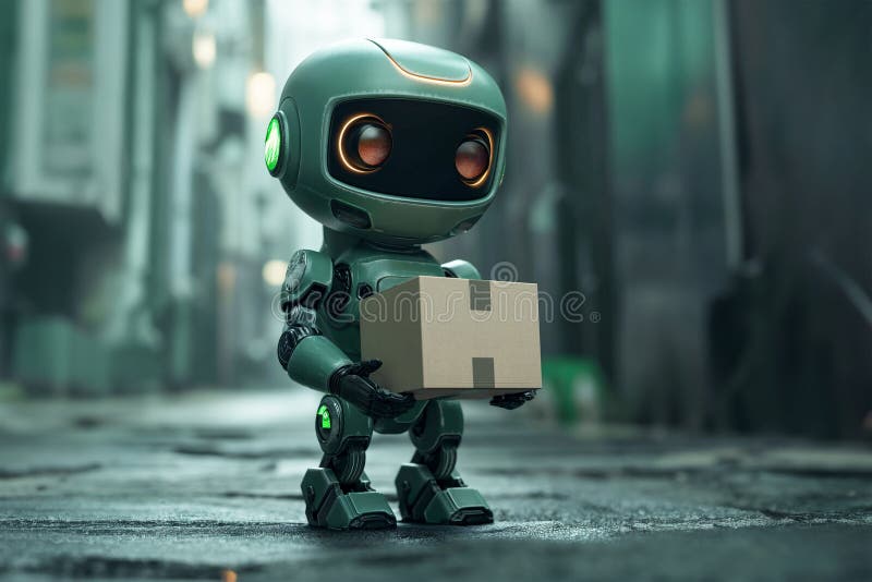 Green Robot Holding Box for Express Stock Illustration - Illustration ...