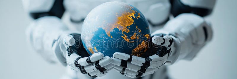 White Robot Holding Illuminated Planet Earth Globe, Concept for ...