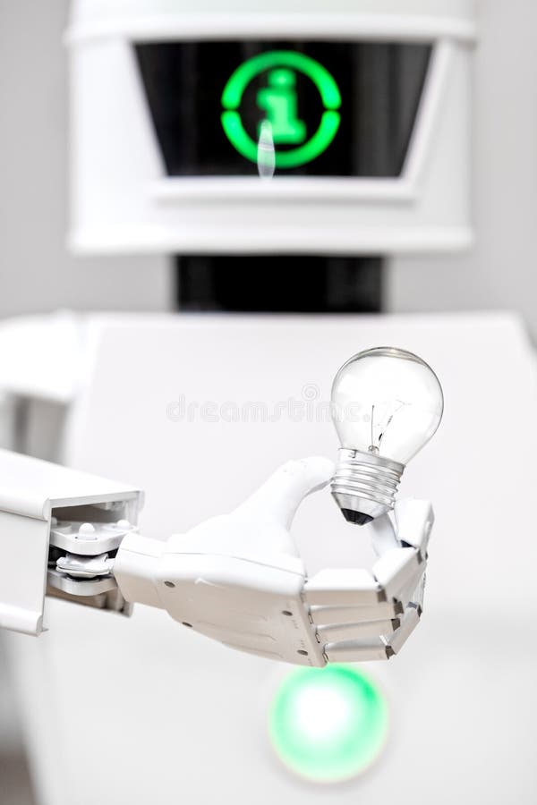 White Robot is Holding a Lightbulb Stock Photo - Image of android ...