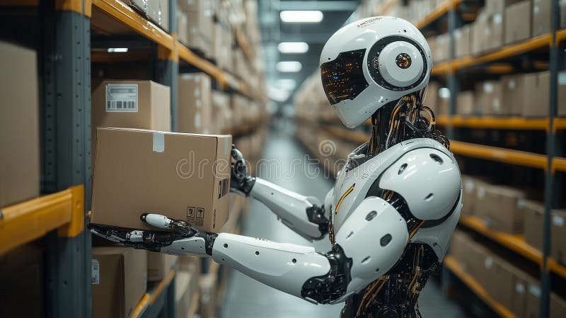 A Humanoid Robot Holding a Cardboard Box in a Warehouse with Shelves ...