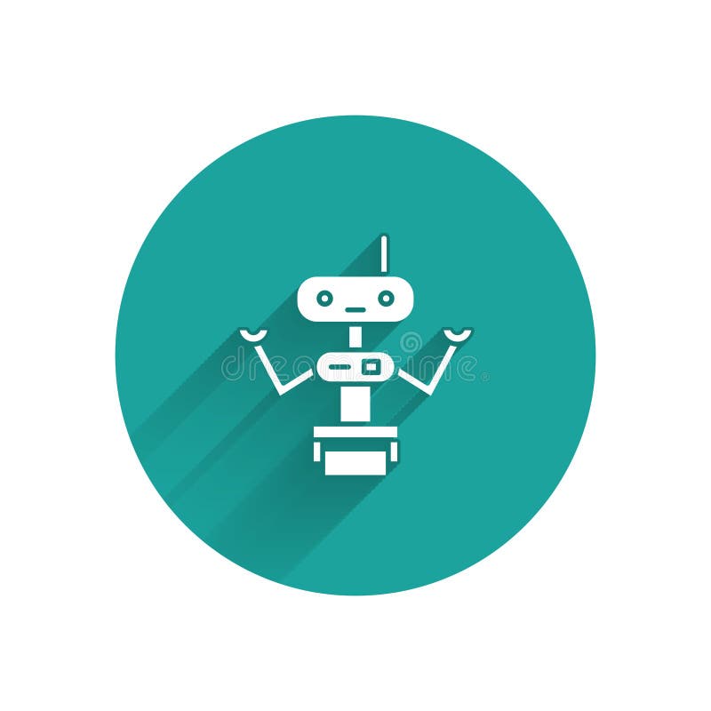 White Robot Icon Isolated with Long Shadow. Green Circle Button Stock ...
