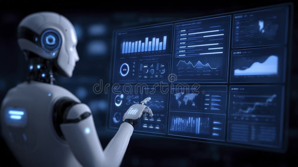 White Robot Interacting with Data Visualization Stock Illustration ...