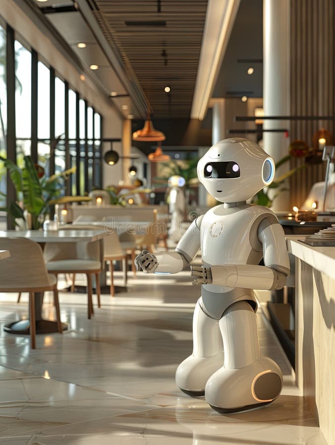 A White Robot Interacts with Customers in a Modern, Sleek Restaurant ...