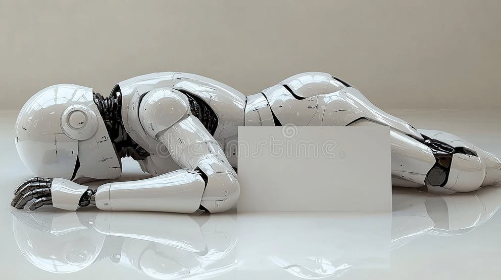 A White Robot Lying Prone, with a Blank Card Beneath it Stock ...