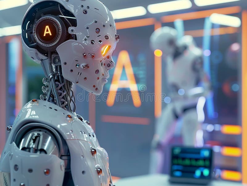 White Robot with Orange Eye in Futuristic Lab Stock Illustration ...