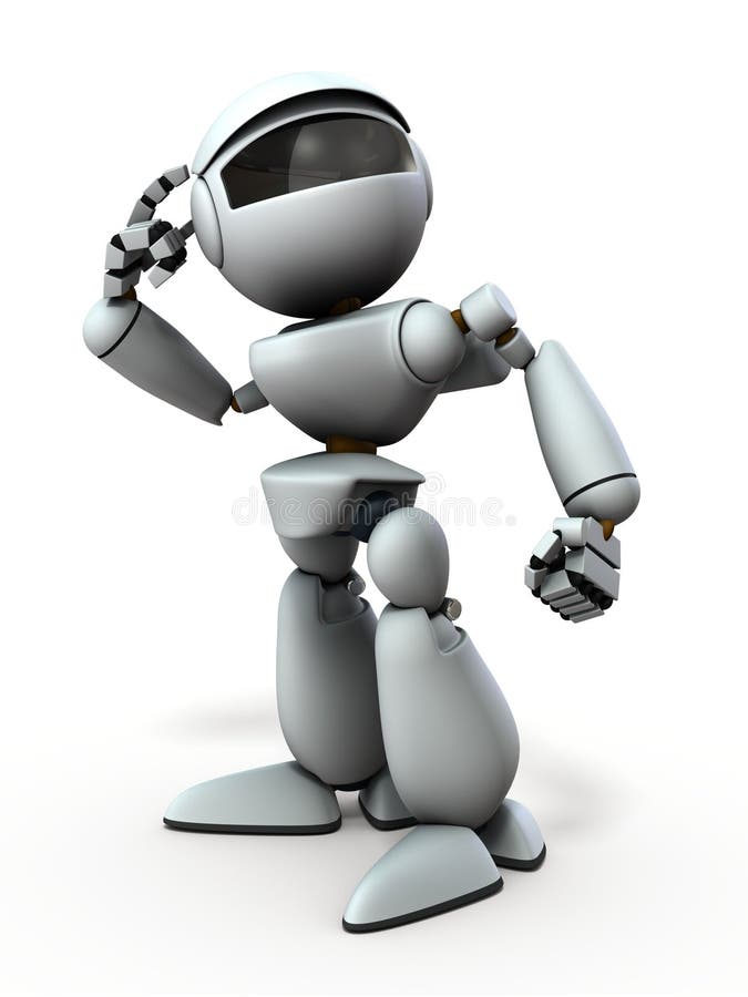 A White Robot Pointing Up at the Head and Looking Up into the Sky ...