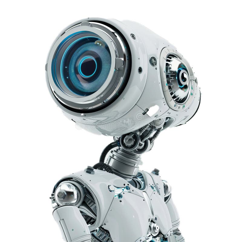 White Robot Posing and Looking with Big Blue Eyes Stock Image - Image ...