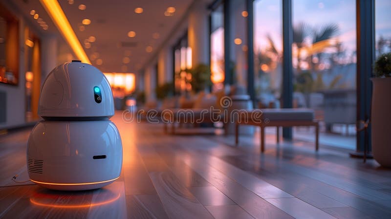 White Robot Walking Down Hallway Stock Photo - Image of industry ...