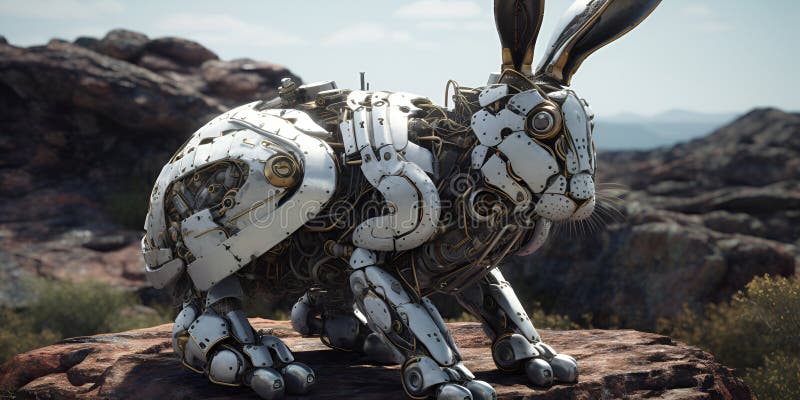 White Robot Rabbit Outdoor. Robotic Hare. Cyborg Banny Bot. AI ...