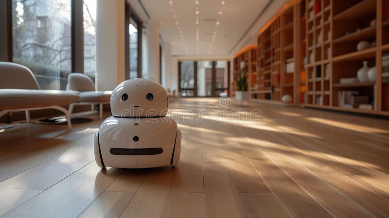 White Robot Sitting on Wooden Floor in Room Stock Photo - Image of ...