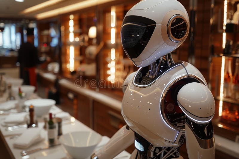 White Robot Server in Modern Restaurant Stock Photo - Image of wine ...