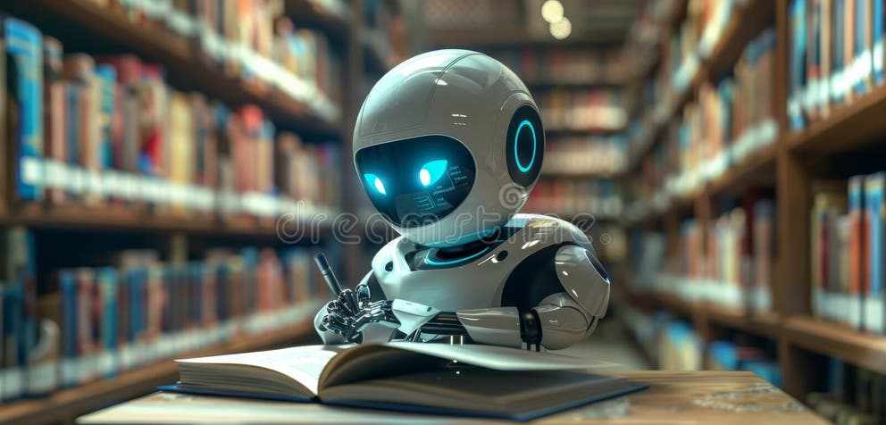 Robot Reading a Book in a Library Stock Photo - Image of futuristic ...