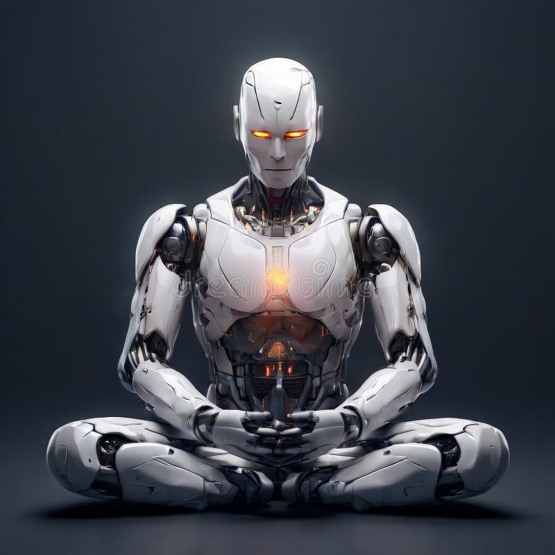 Meditating Robot in a Serene Pose with Glowing Chest Light Stock Image ...
