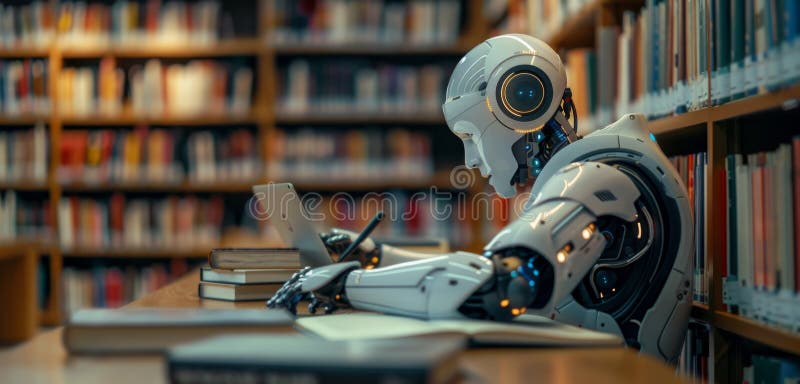 White Robot Studying in a Library with a Laptop and Notebook Stock ...