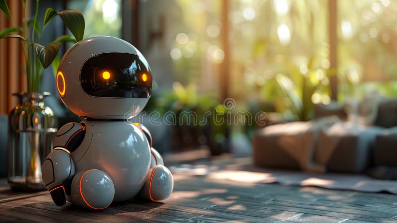 White Robot Sitting on Wooden Table Stock Image - Image of sitting ...