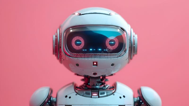White Robot Standing on a Pink Surface Looking Directly at the Camera ...