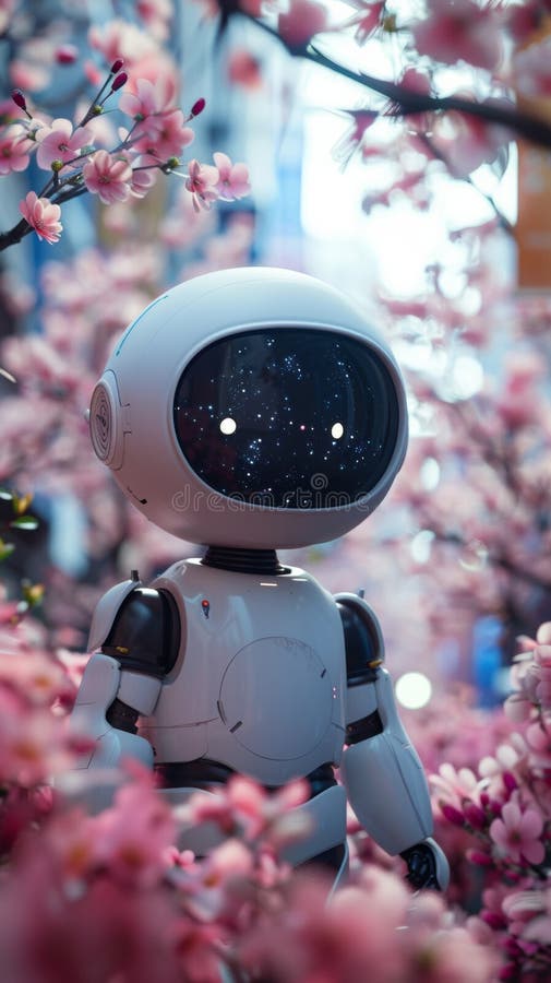 A White Robot Standing in a Tree with Pink Flowers Stock Photo - Image ...