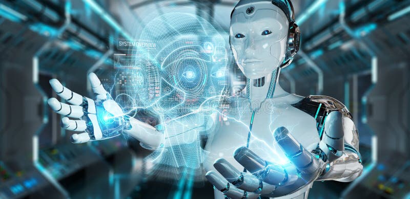 White Robot Using Digital Artificial Intelligence Head Interface 3D ...