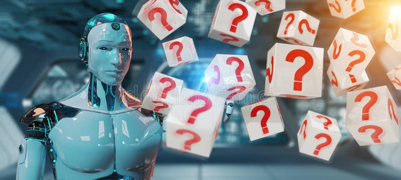White Robot Using Digital Question Marks 3D Rendering Stock ...