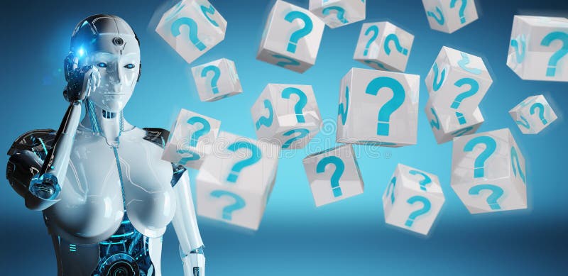 White Robot Using Digital Question Marks 3D Rendering Stock ...