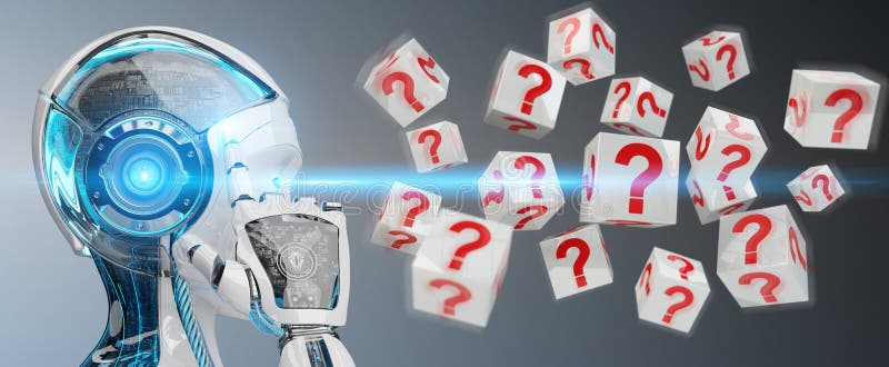 White Robot Using Digital Question Marks 3D Rendering Stock ...