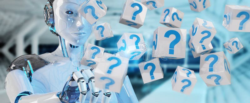 White Robot Using Digital Question Marks 3D Rendering Stock ...
