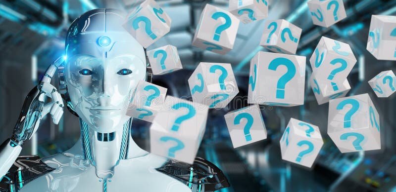 White Robot Using Digital Question Marks 3D Rendering Stock ...