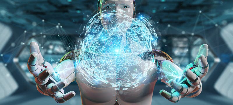 White Robot Using Digital Triangle Exploding Sphere Hologram 3D Stock ...