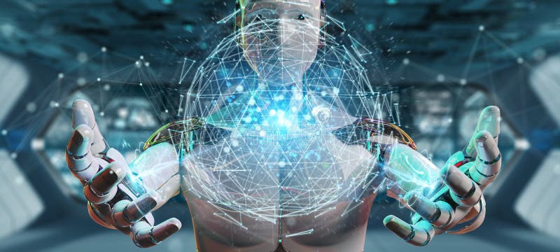 White Robot Using Digital Triangle Exploding Sphere Hologram 3D Stock Illustration ...