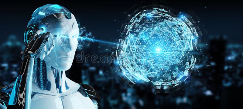 White Robot Using Digital Triangle Exploding Sphere Hologram 3D Stock Illustration ...