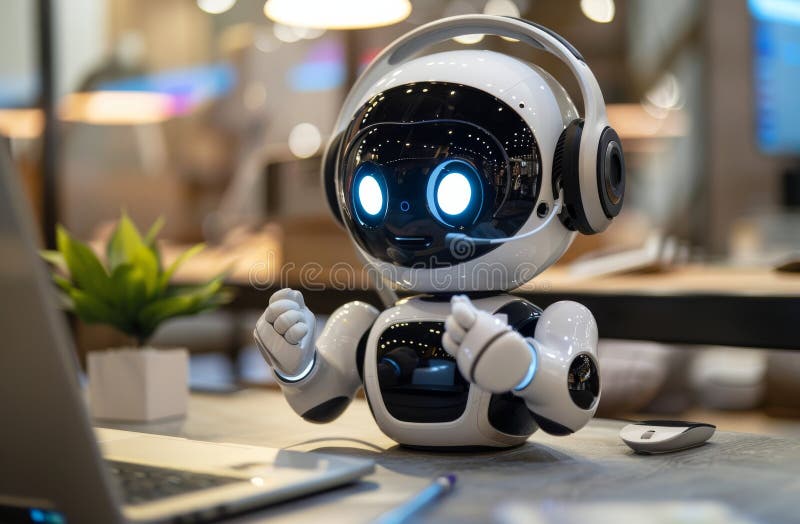 White Robot Using Laptop at Desk Stock Photo - Image of computer ...