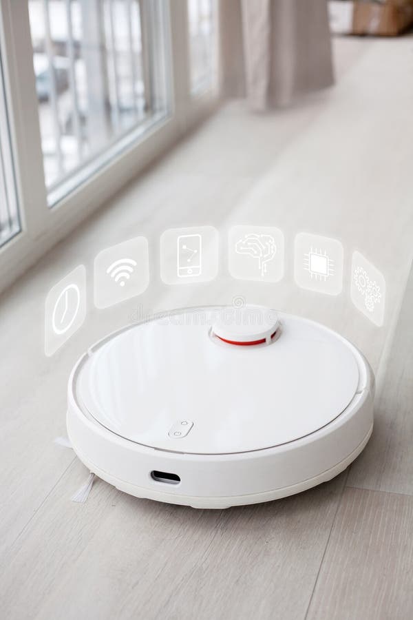 White Robot Vacuum Cleaner with Interactive Holographic Menu Stock ...