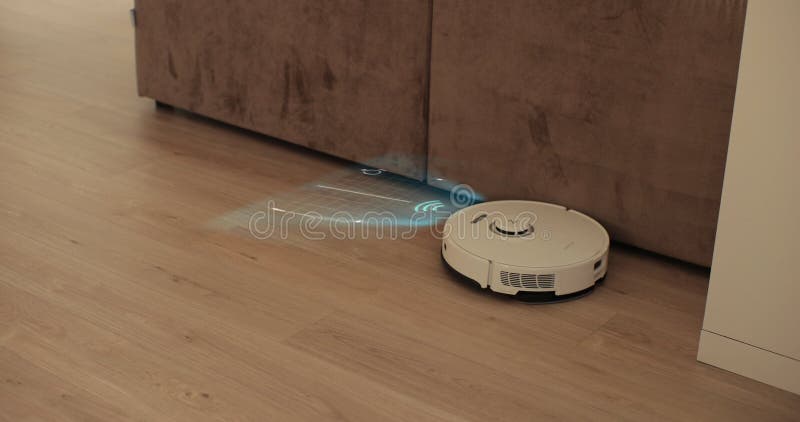 White Robot Vacuum Cleaner Scan Laminate Wood Floor. Detectors Help To ...