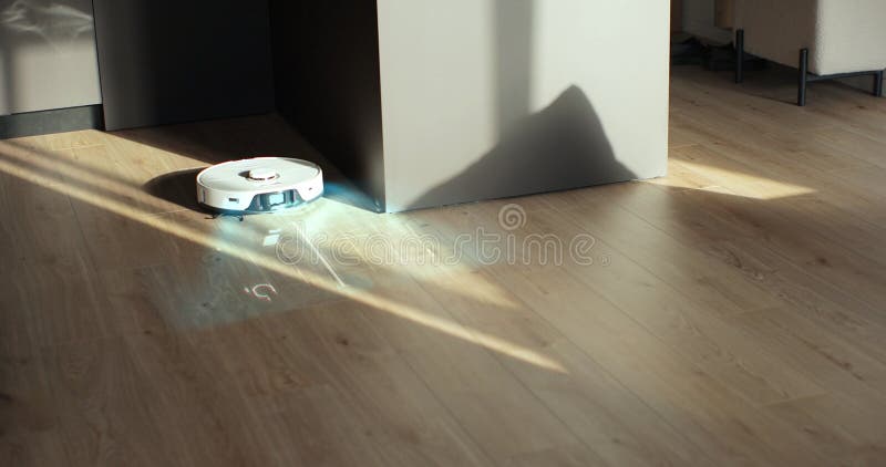White Robot Vacuum Cleaner Scan Laminate Wood Floor. Detectors Help To ...