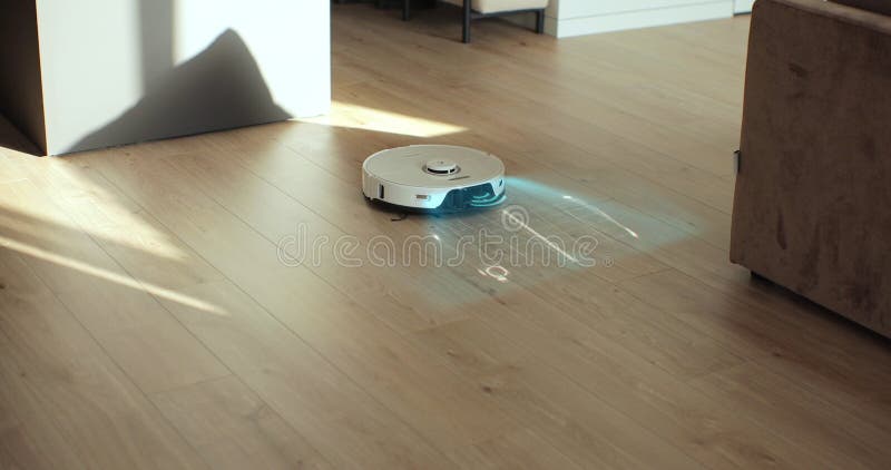 White Robot Vacuum Cleaner Scan Laminate Wood Floor. Detectors Help To ...